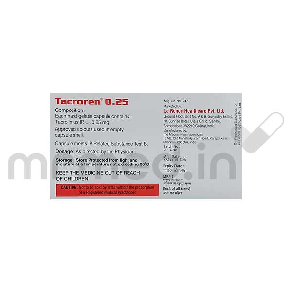 Buy Tacroren 0.25mg Capsule Online: Uses, Price, Dosage, Instructions ...